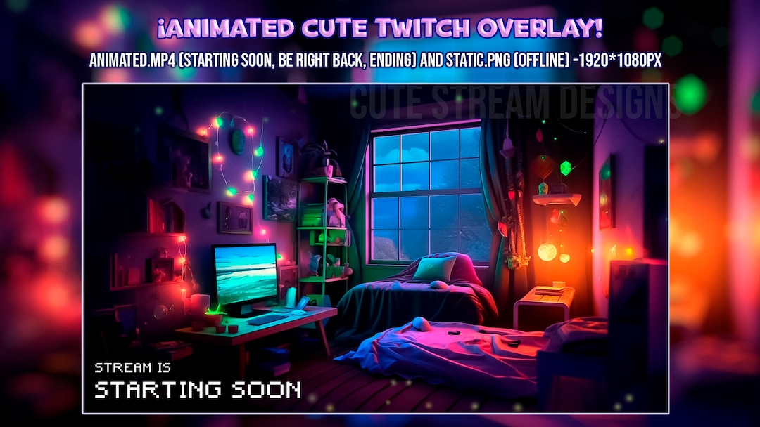Cozy Bedroom Gamer Twitch Overlay Animated - Pink Neon Light Screens ...