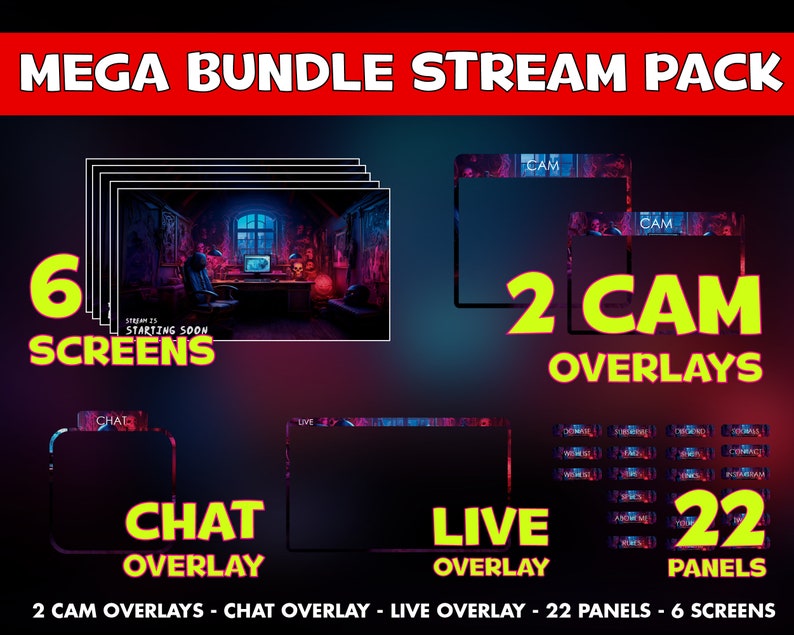 Goth Twitch Overlay Animated Pack - Gamer Room Neon Light Skull ...