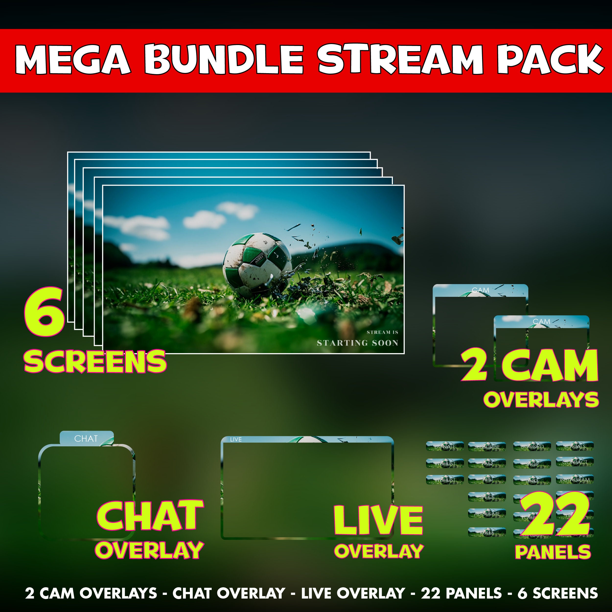 Futbol Twitch Overlay Animated Pack Stream Screens Bundle Futbol Grass ...