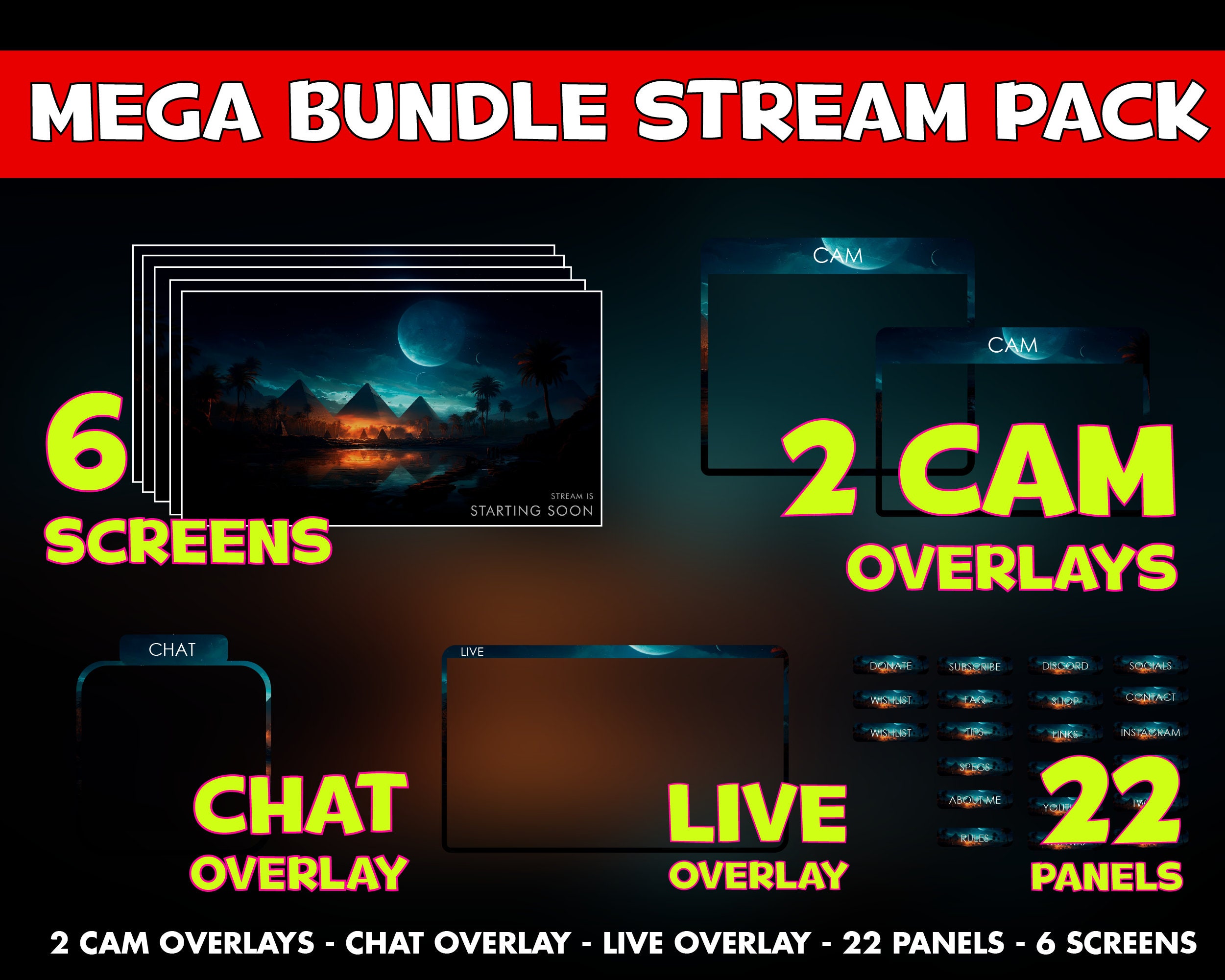Egyptian Twitch Overlay Animated Pyramid Night Landscape Moon Planet Screens for Stream Starting ...