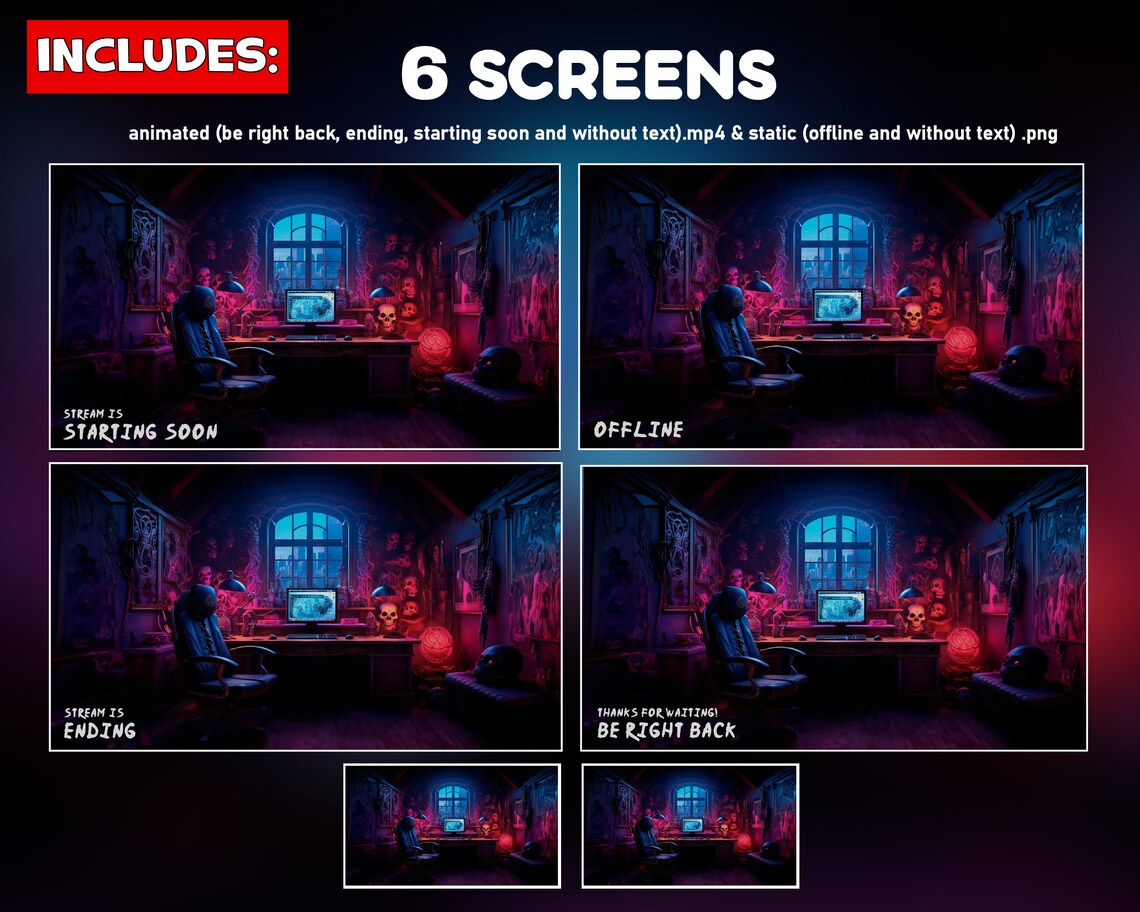 Goth Twitch Overlay Animated Pack Gamer Room Neon Light Skull ...