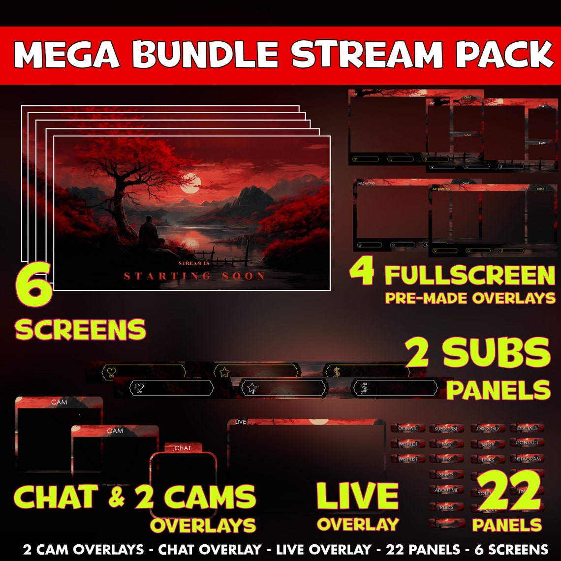 Samurai Red Twitch Overlay Animated Pack - Warrior Cozy Japanese ...