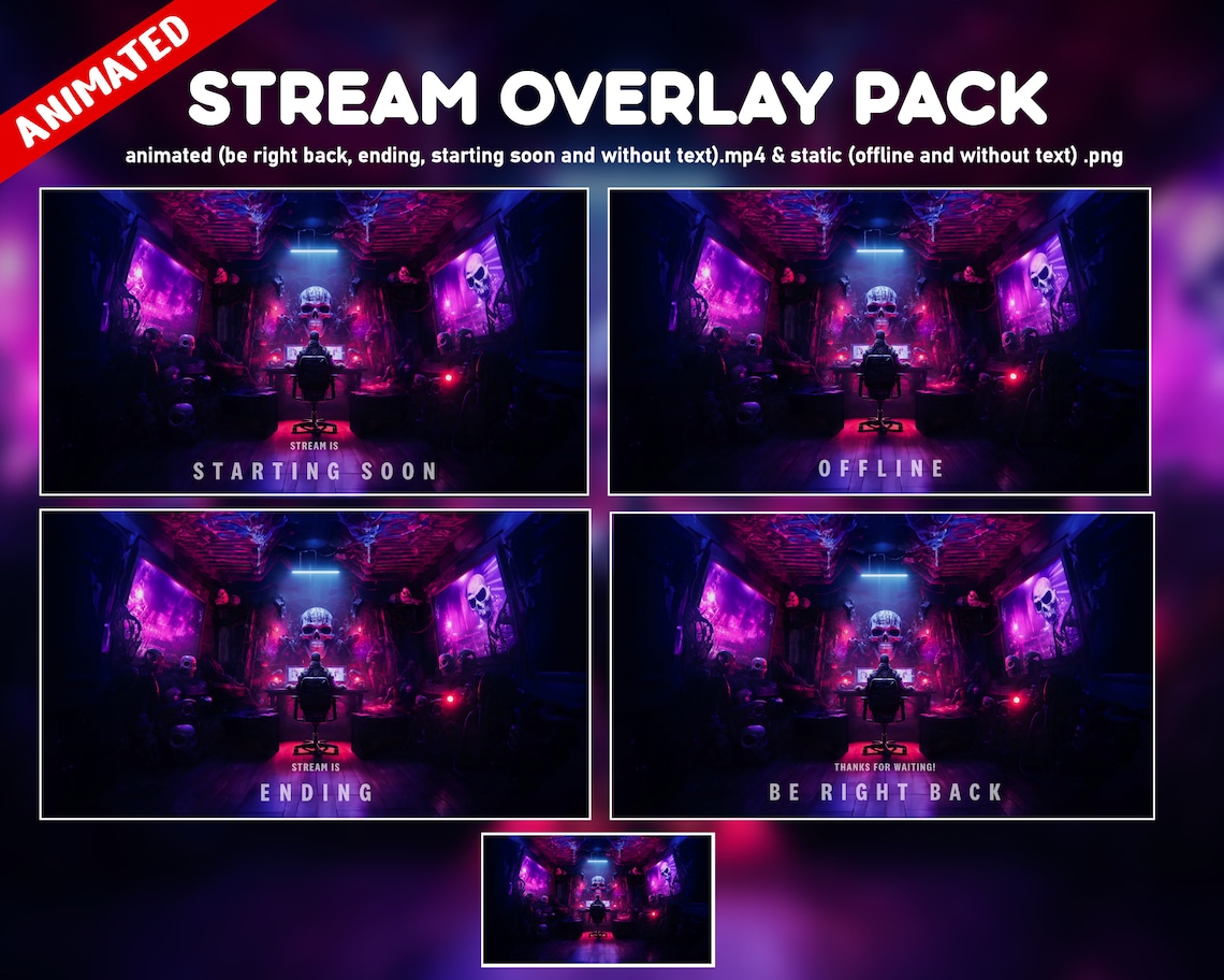Goth Twitch Overlay Animated - Gamer Pink and Blue Neon Skull Screens ...