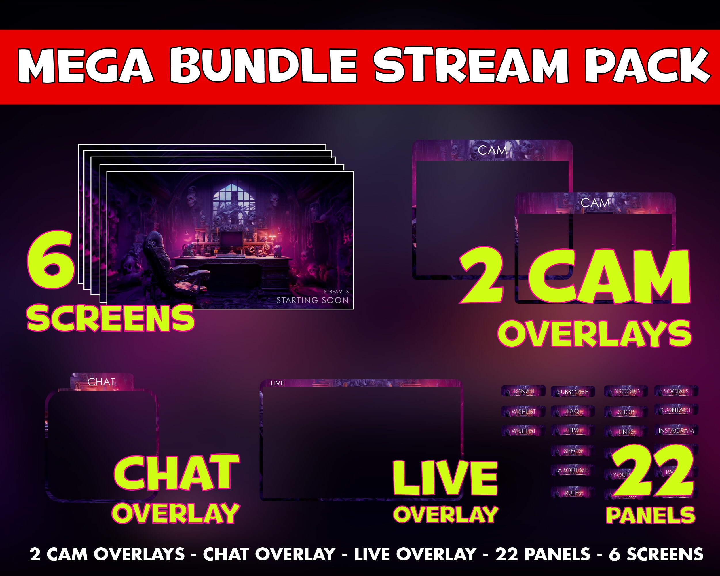 Goth Twitch Overlay Animated - Gamer Pink Neon Skull Screens Perfect ...