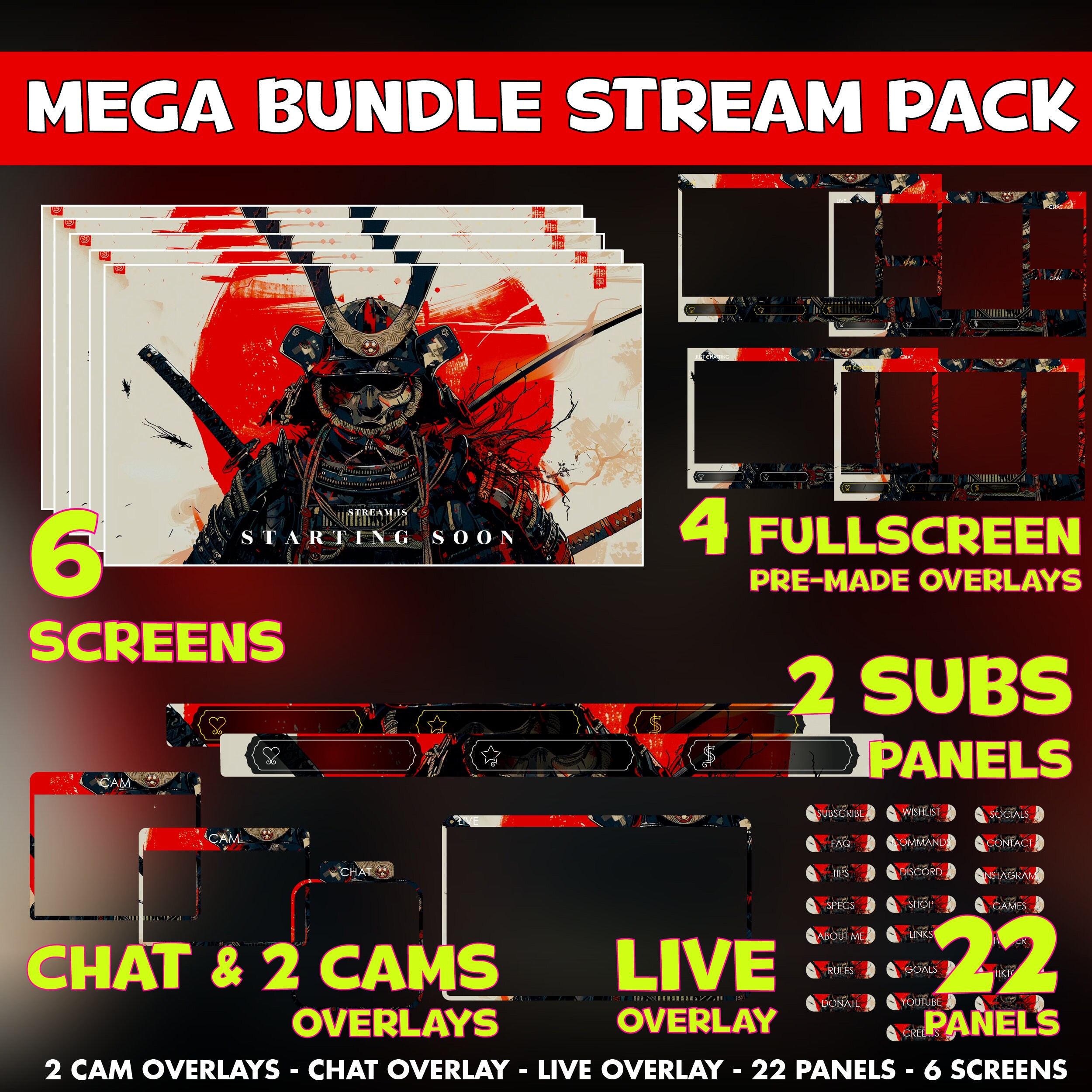 Samurai Red Twitch Overlay Animated Pack - Warrior Katana Japanese ...
