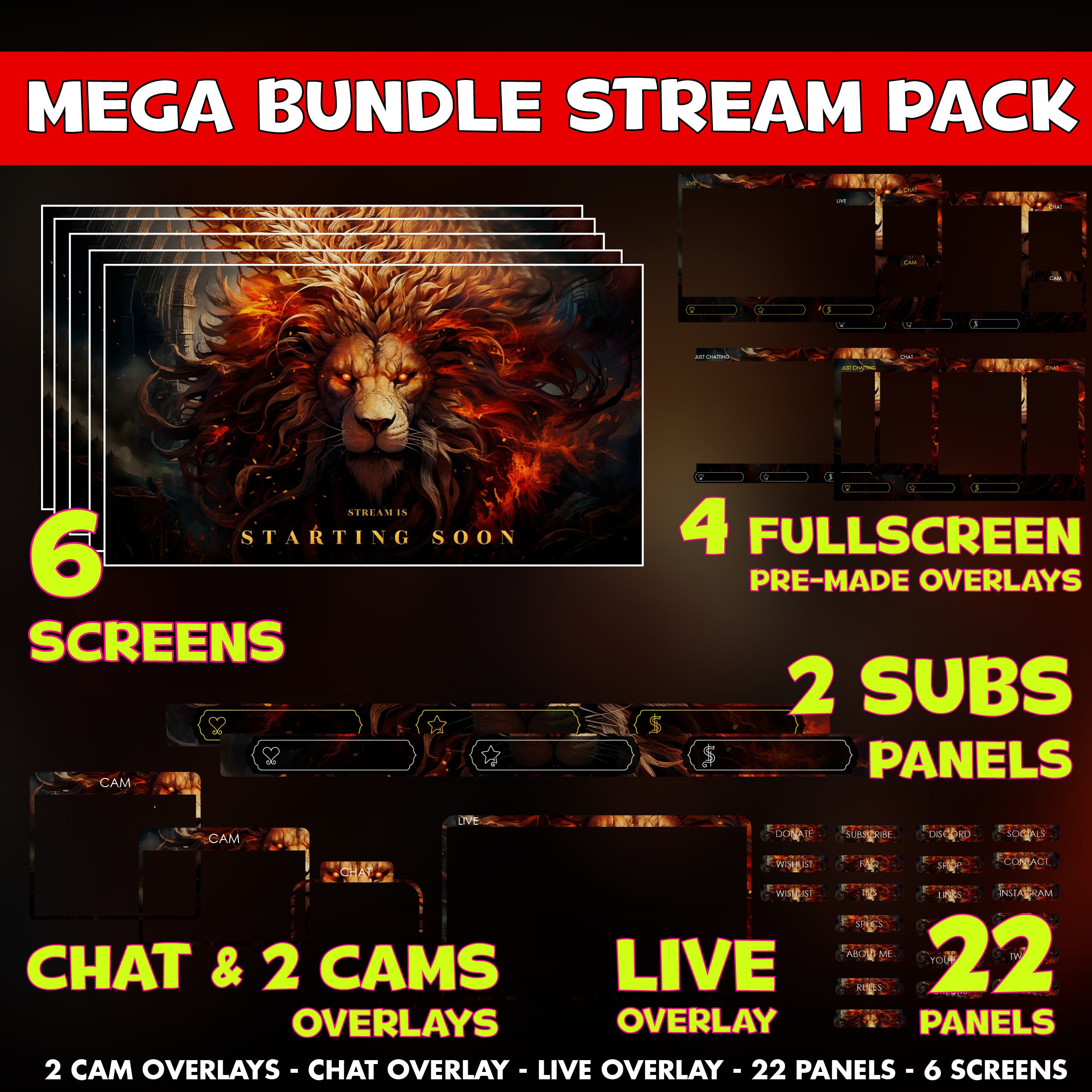 Fiery Lion Twitch Overlay Pack - Majestic Beast Fire Animated Stream ...