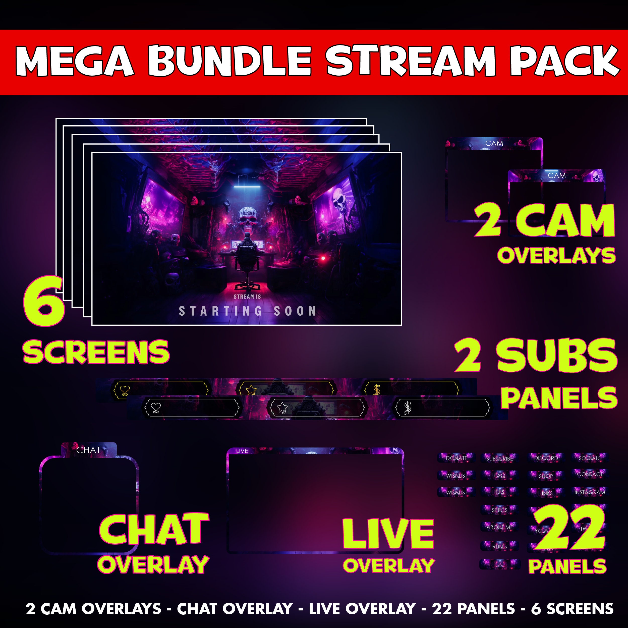 Goth Twitch Overlay Animated - Gamer Pink and Blue Neon Skull Screens ...