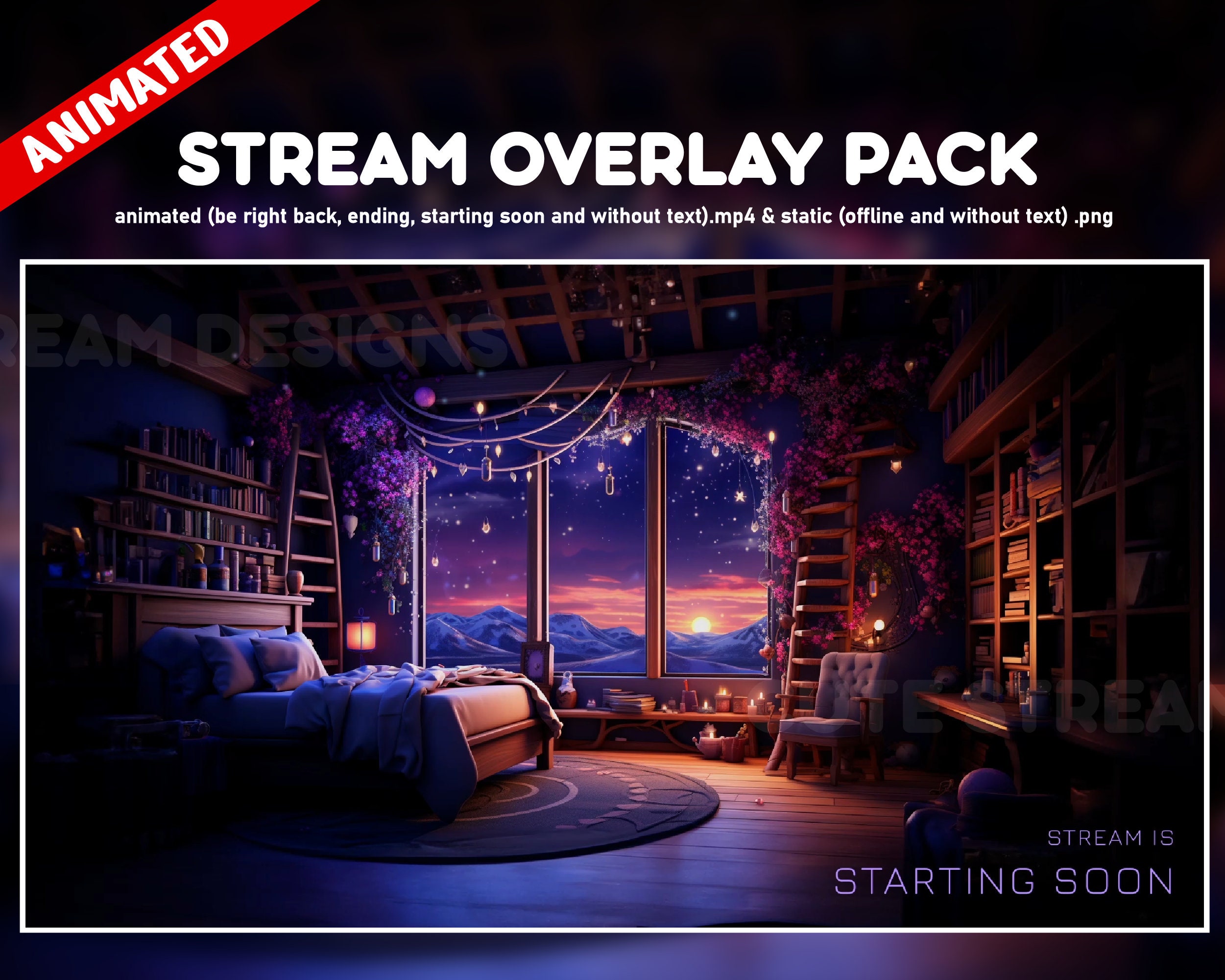 Cozy Witch Bedroom Twitch Overlay Animated Package Cute Night Screens for Stream Background ...