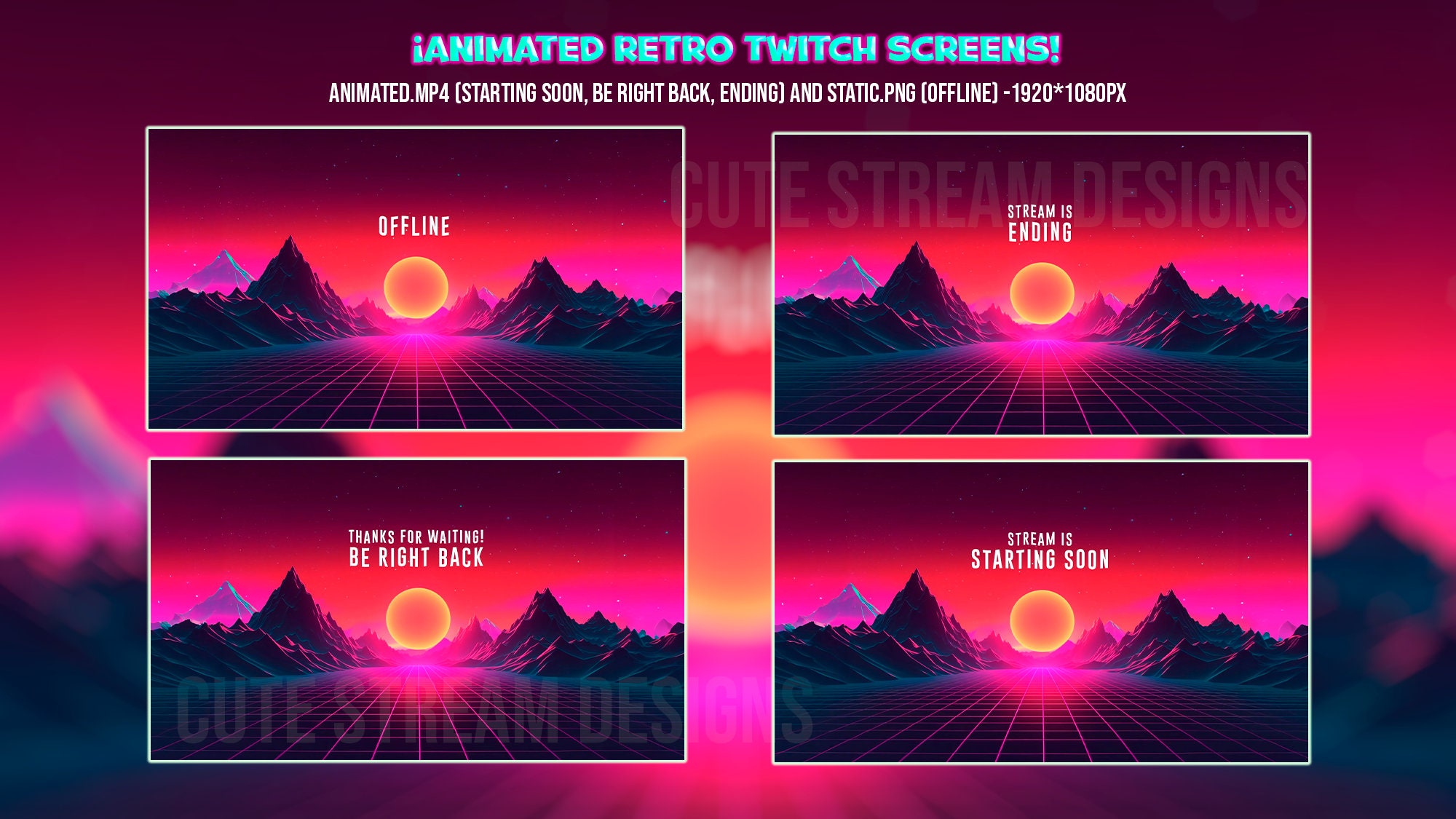 Retro Twitch Overlay Pack Animated Vapor Wave 80s Screens Background ...