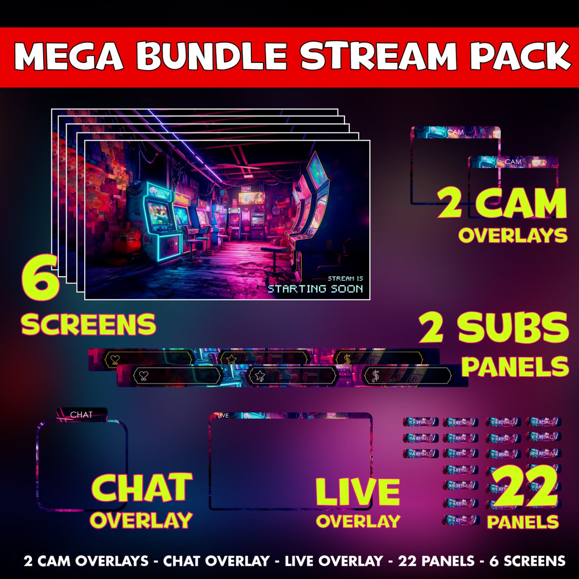 Retro Twitch Overlay Animated Pack Inspired 80s Videogame Arcade Screen ...
