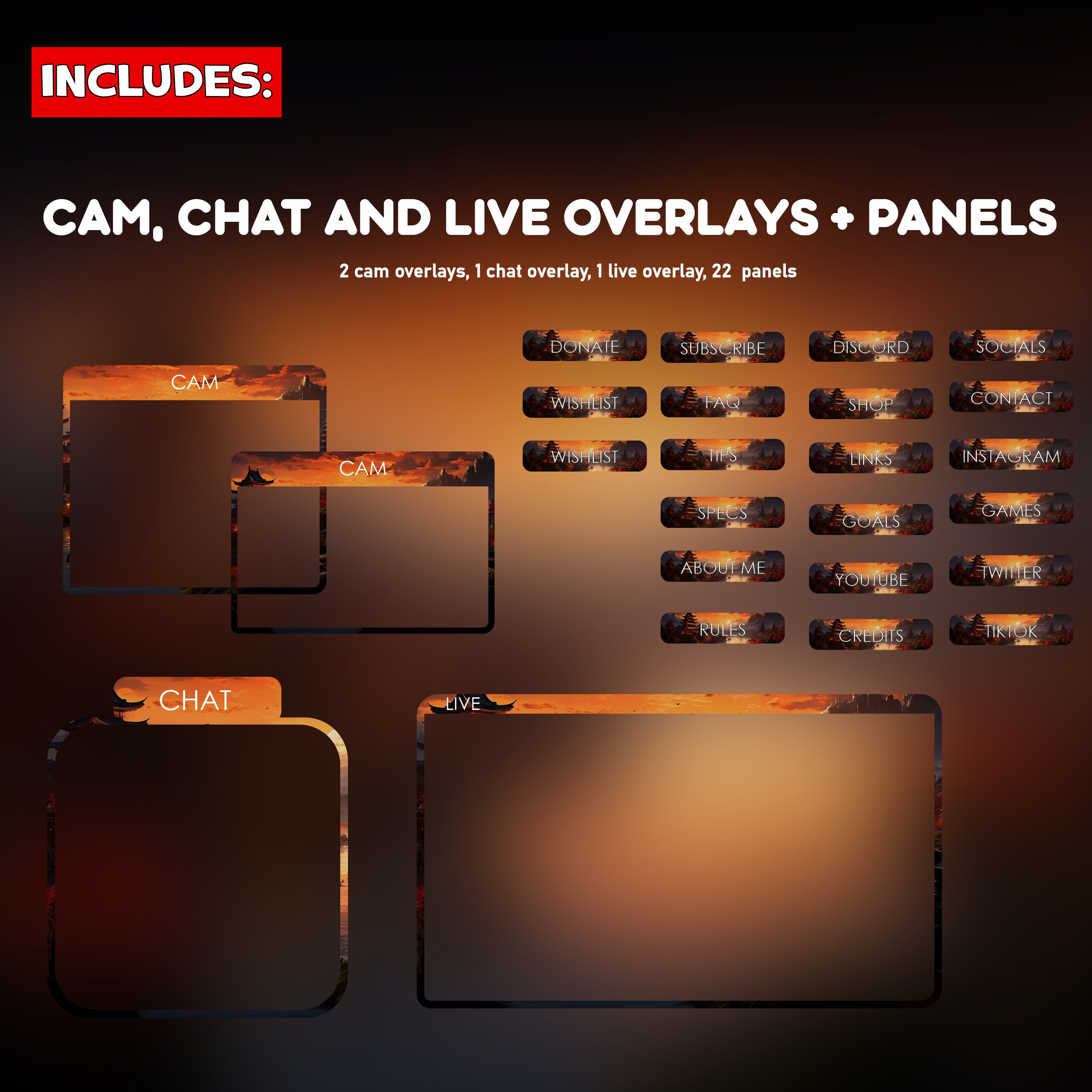 Asian City Sunset Twitch Overlay Animated Pack Cozy Japan Samurai Era ...