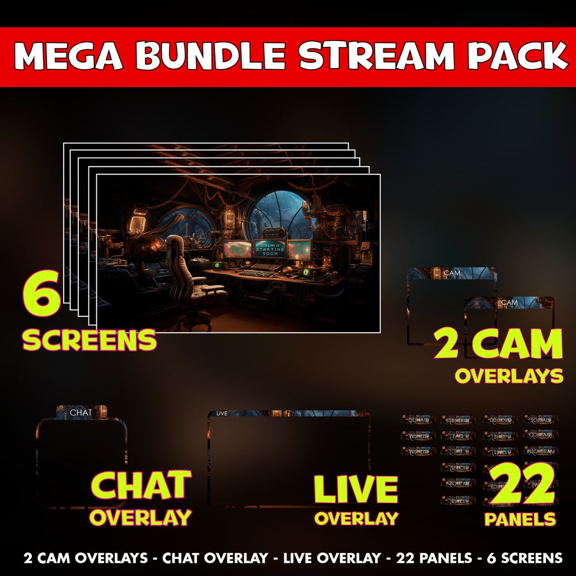 Retro Futuristic Gamer Room Twitch Overlay Animated Pack Steampunk ...