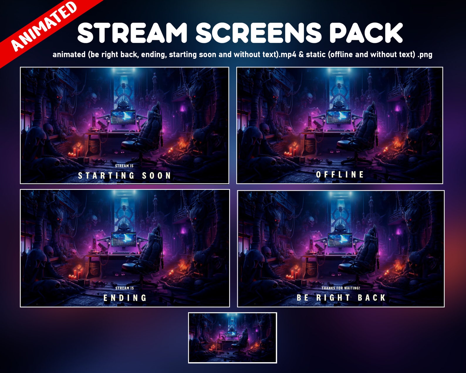 Goth Twitch Overlay Animated Pack - Gamer Room Neon Skull Background ...