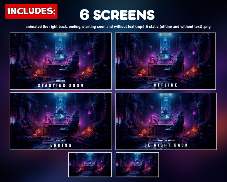 Goth Twitch Overlay Animated Pack Gamer Room Neon Skull Background for ...