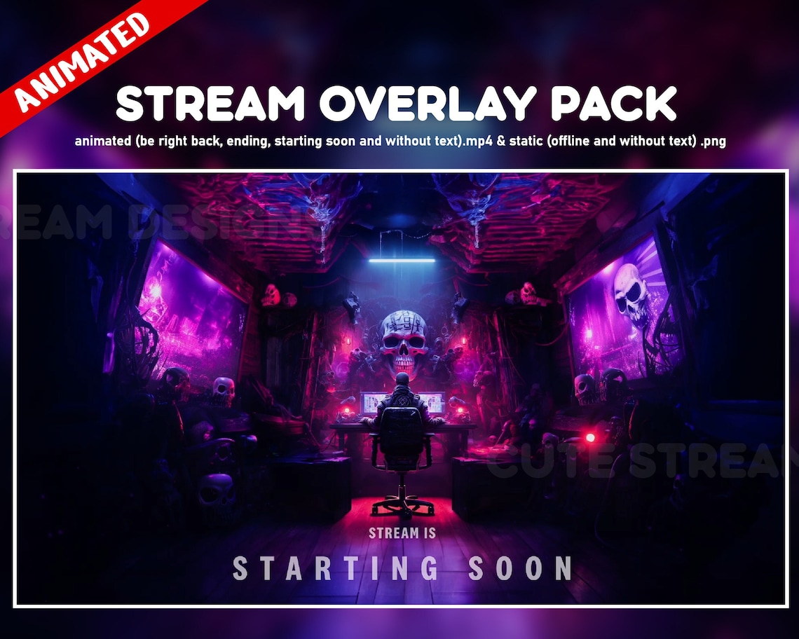 Goth Twitch Overlay Animated - Gamer Pink and Blue Neon Skull Screens ...