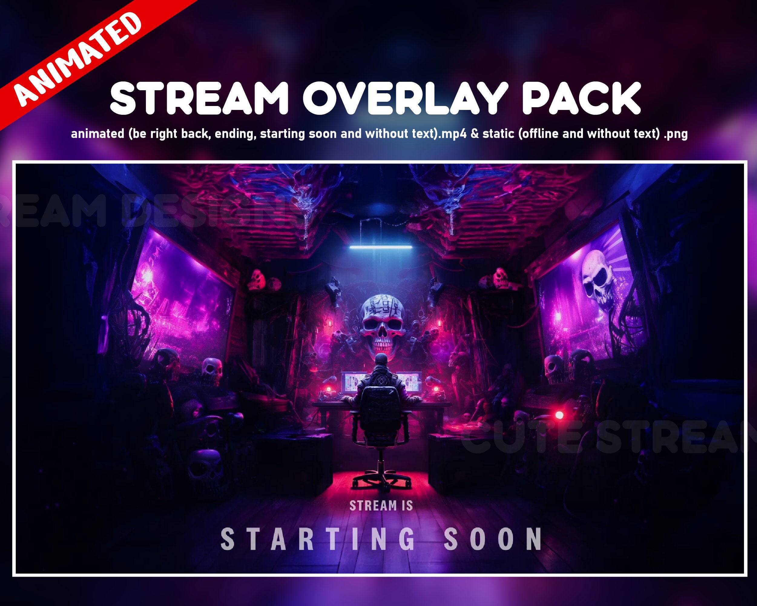 Goth Twitch Overlay Animated - Gamer Pink and Blue Neon Skull Screens ...