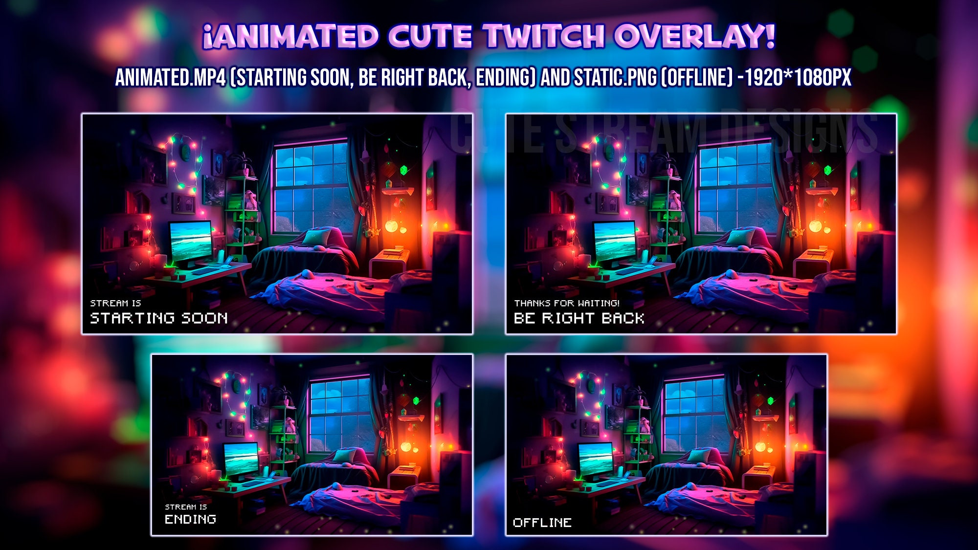 Cozy Bedroom Gamer Twitch Overlay Animated - Pink Neon Light Screens ...