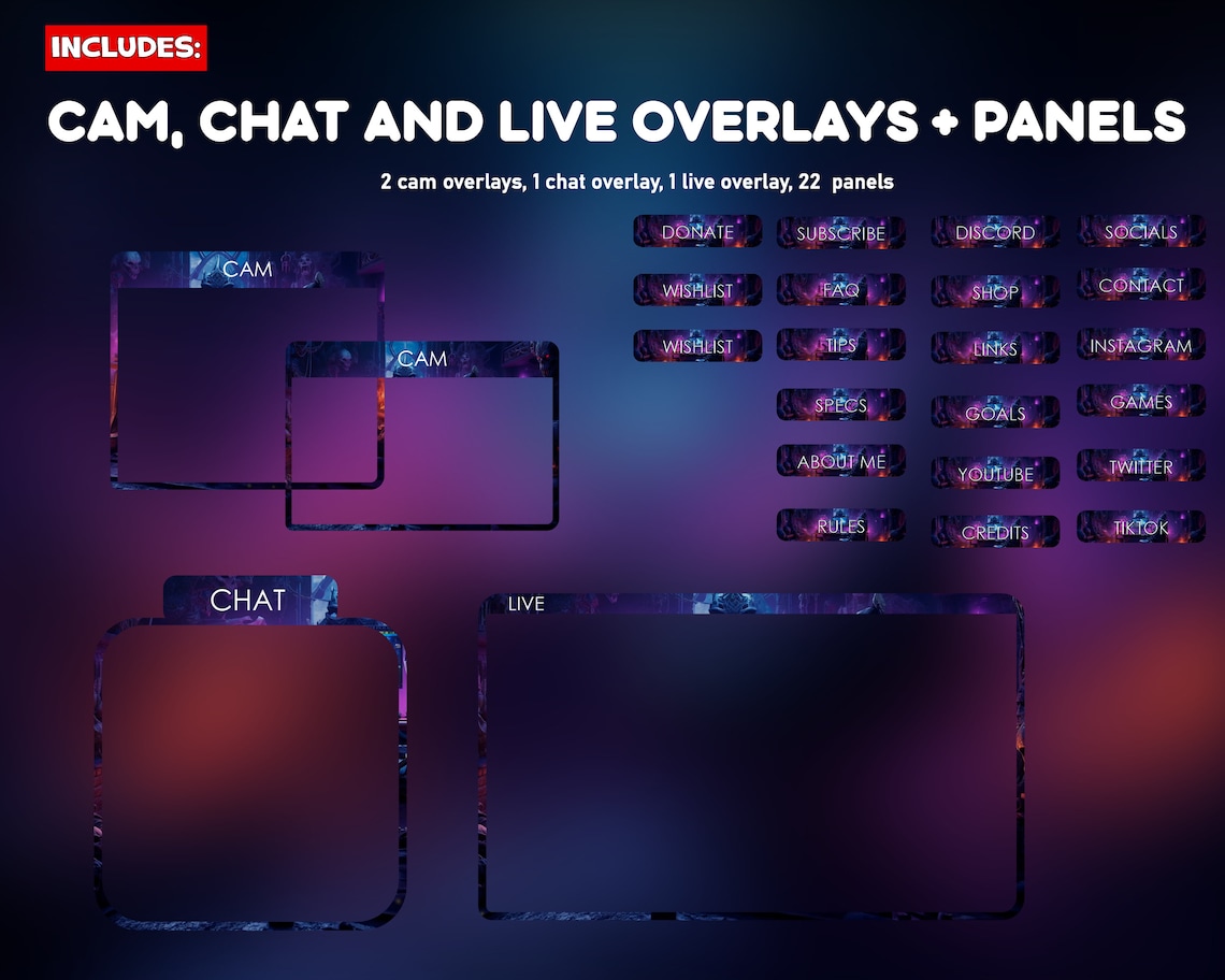 Goth Twitch Overlay Animated Pack Gamer Room Neon Skull Background for ...