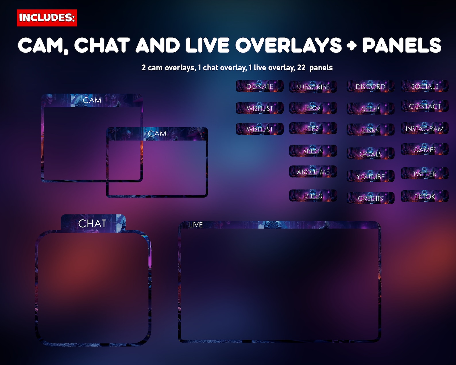 Goth Twitch Overlay Animated Pack - Gamer Room Neon Skull Background ...