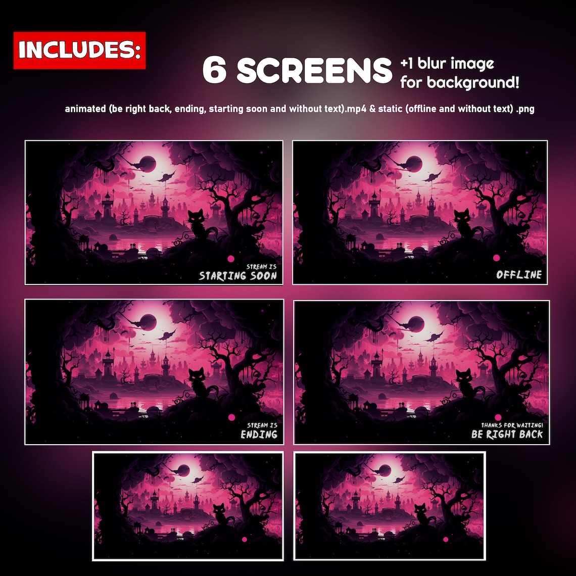 Goth Twitch Overlay Animated Pack Spooky Black Cat Girl Screens Pink ...