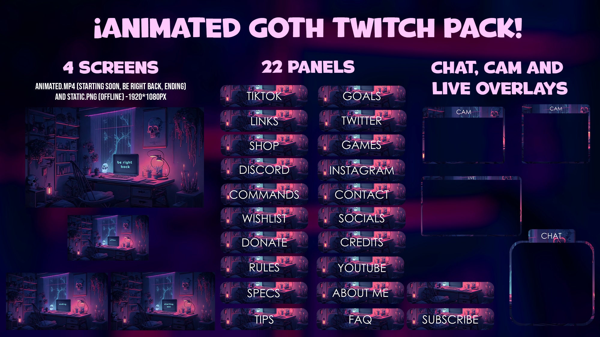 Goth Twitch Overlay Animated Witch Skull Screens Perfect for - Etsy UK