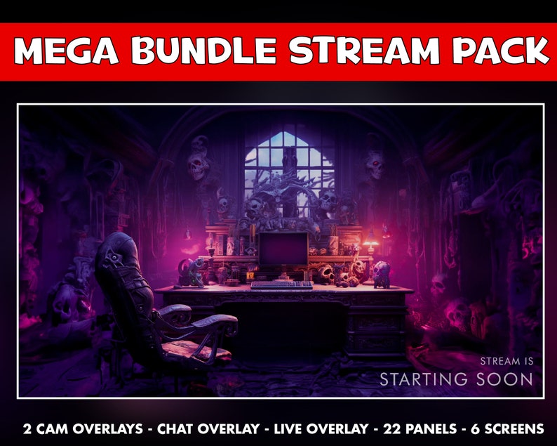 Goth Twitch Overlay Animated - Gamer Pink Neon Skull Screens Perfect ...