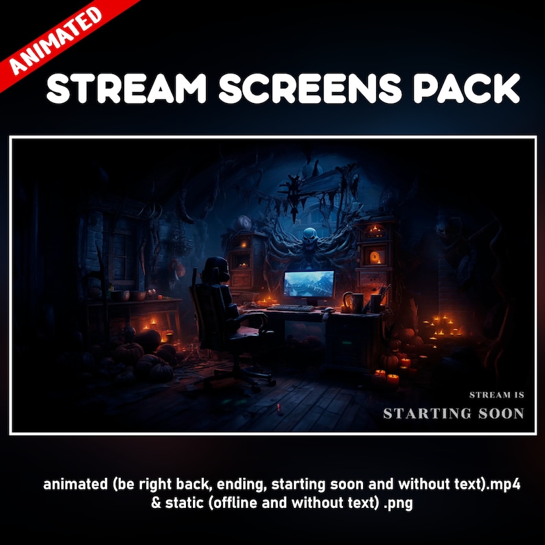 Goth Twitch Overlay Animated Gamer Room Spooky Skull Screens Cozy for ...