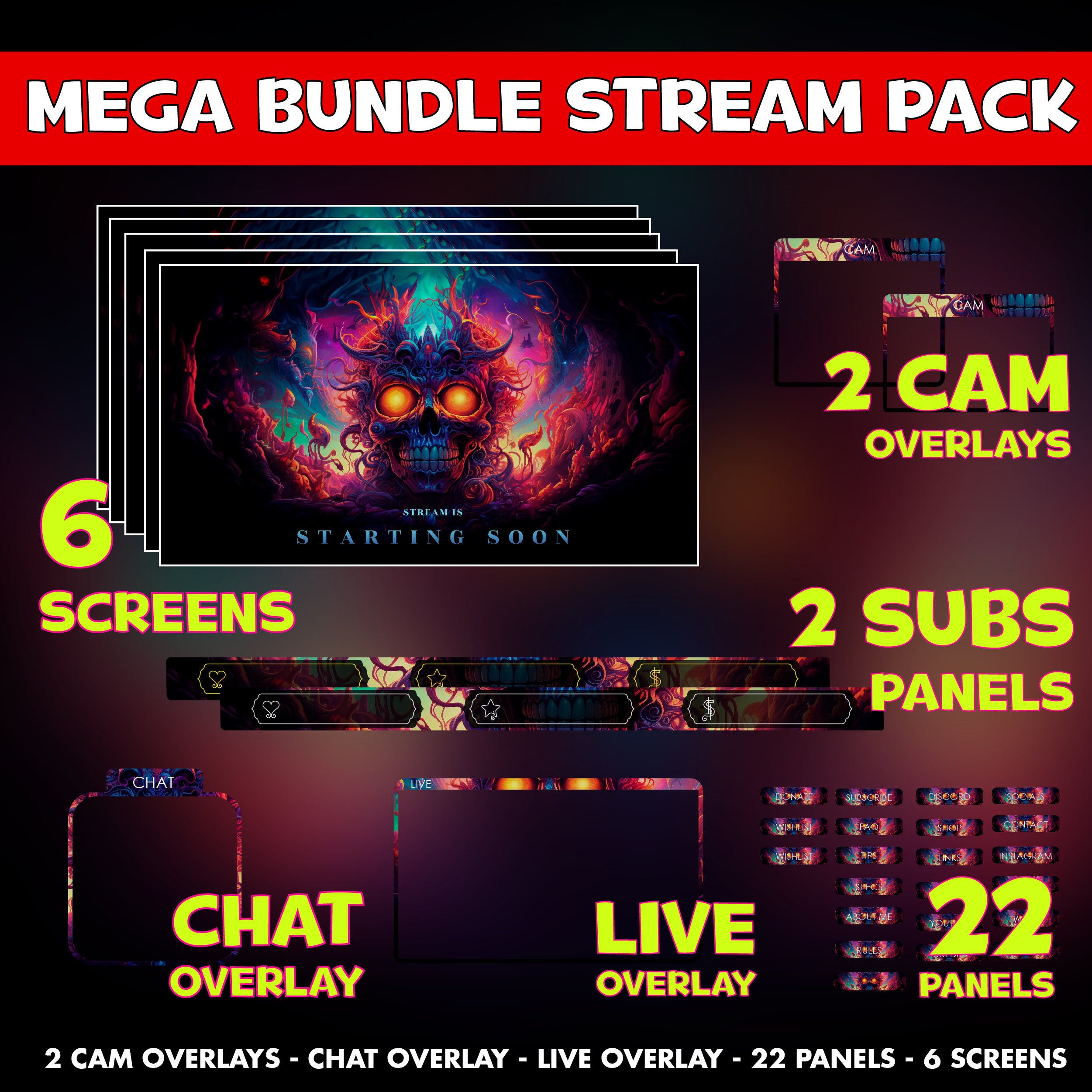 Skull Psicodelic Goth Twitch Overlay Animated Pack - Stream Background ...