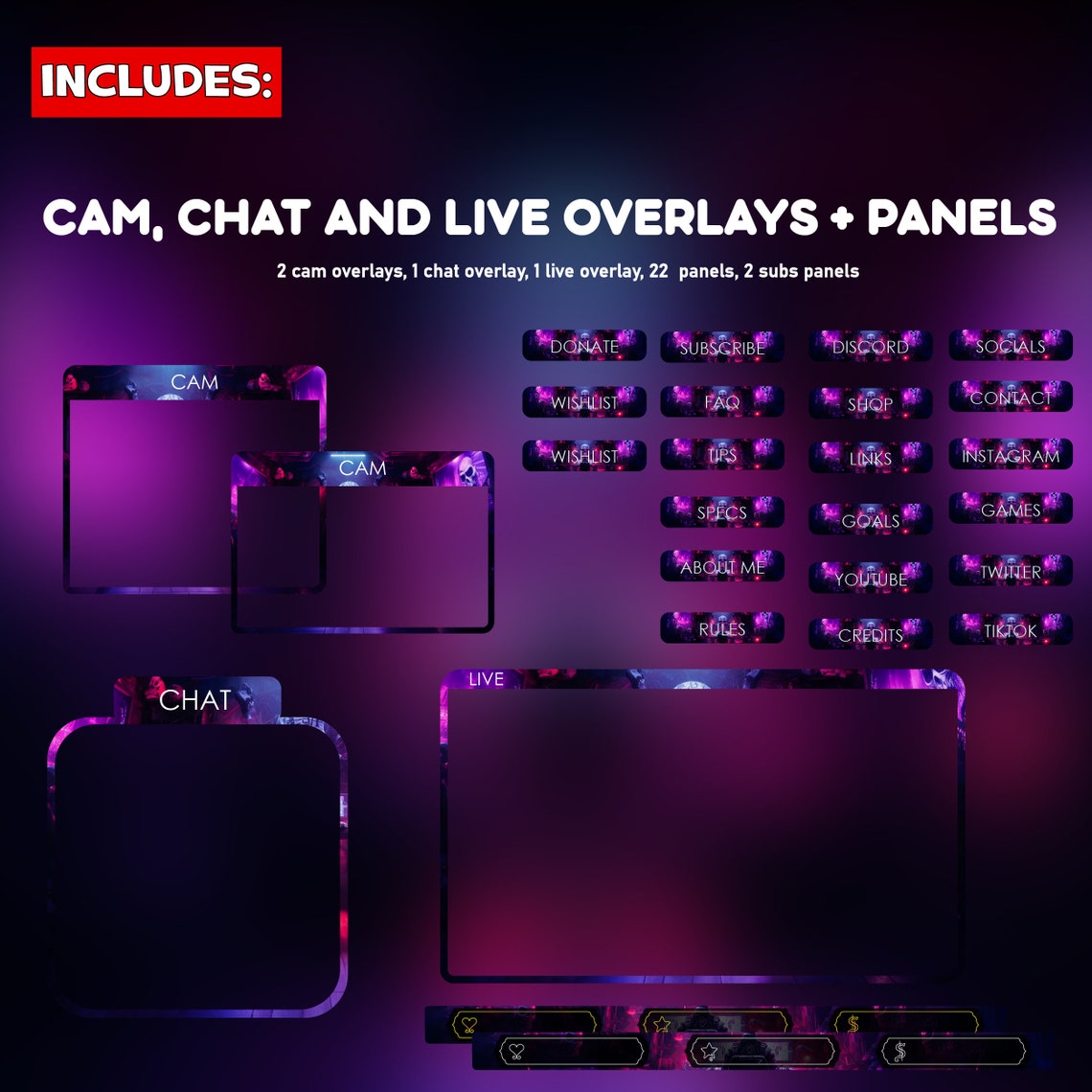 Goth Twitch Overlay Animated - Gamer Pink and Blue Neon Skull Screens ...