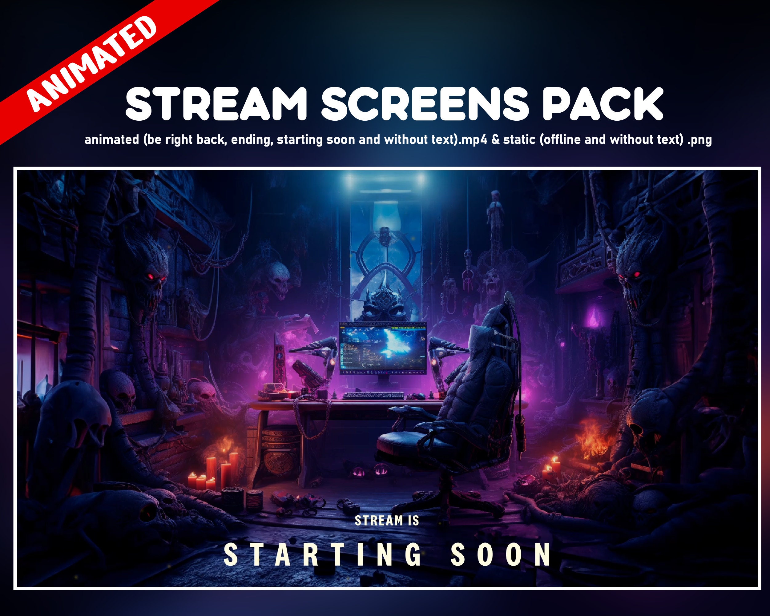 Goth Twitch Overlay Animated Pack - Gamer Room Neon Skull Background ...