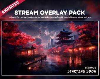 RED Twitch Overlay Animated Package Samurai Dark Landscape Japan City ...