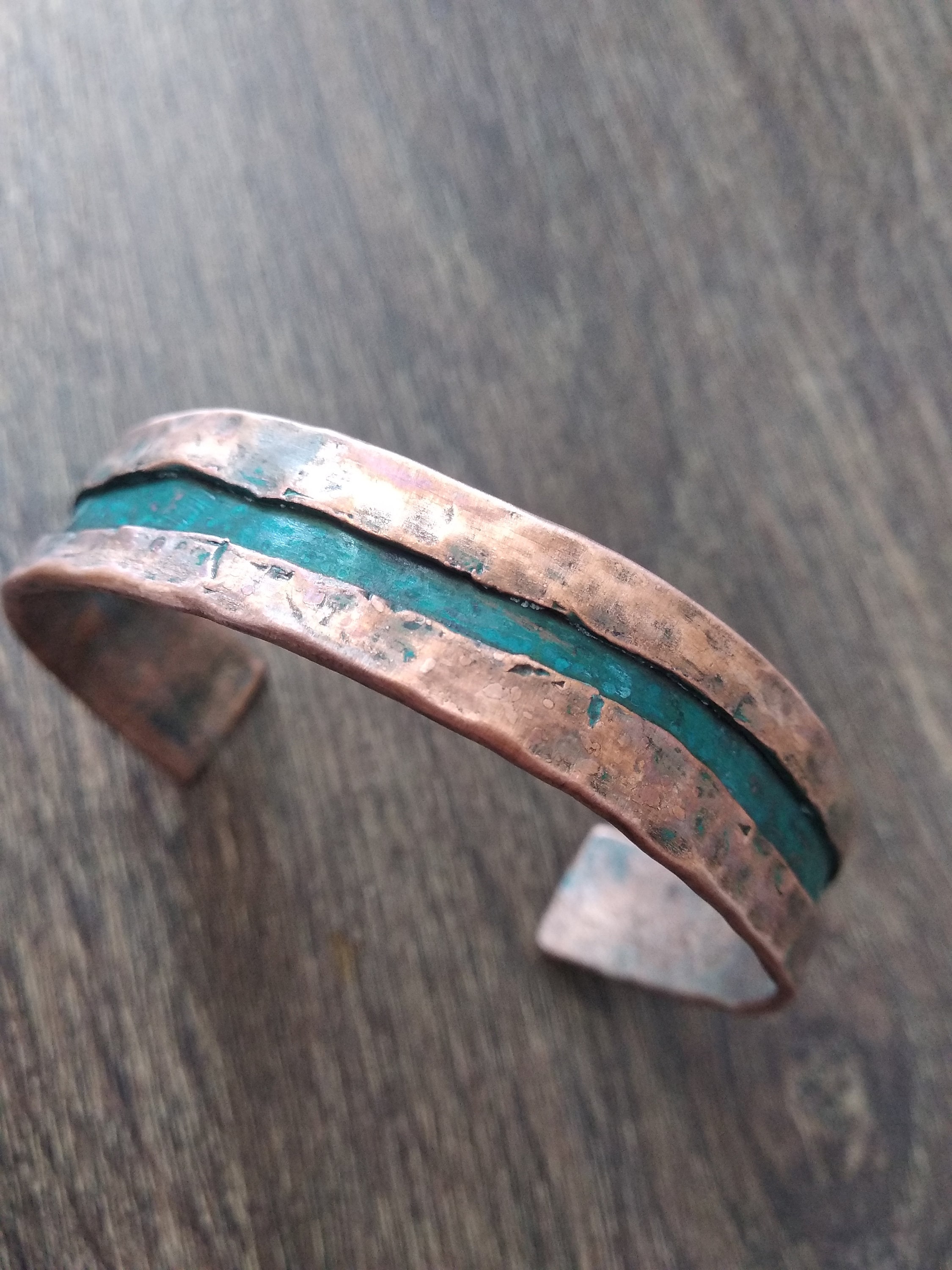 Hammered Copper Cuff With Turquoise Rust Line, Hammered Stylish ...