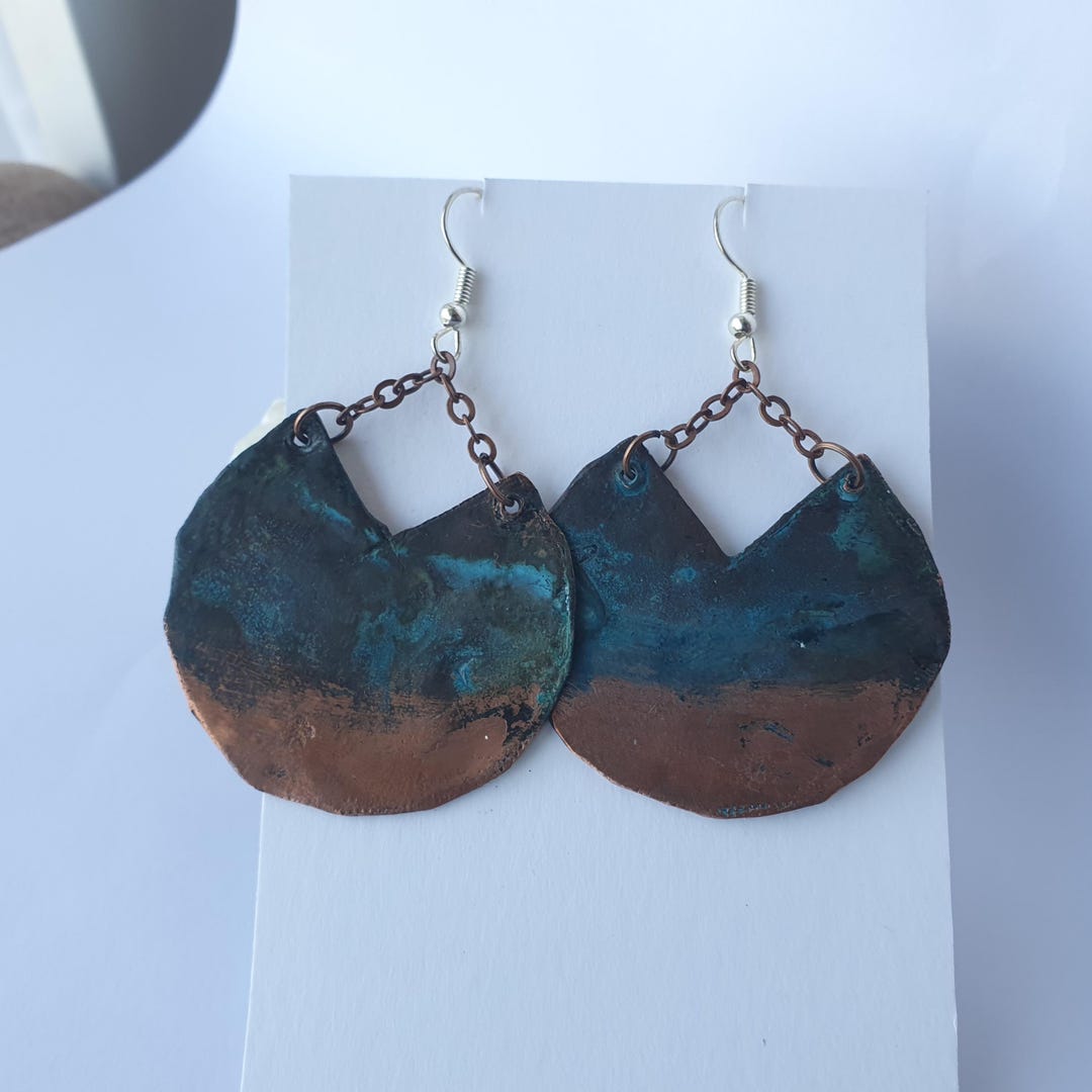 Turquoise Rust Copper Earrings, Hammered Circle Copper Earrings , 7th ...