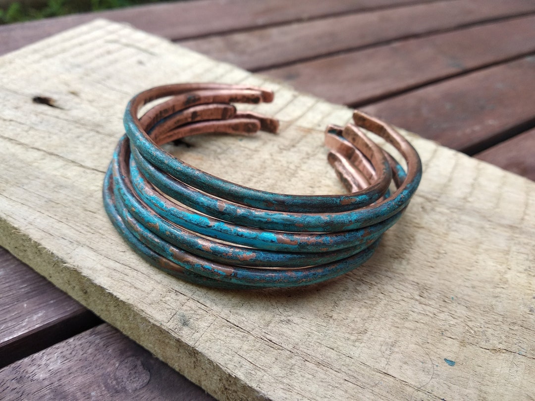 Set of Thin Copper Turquoise Rust Bangles, Thin Stylish Teal Copper ...