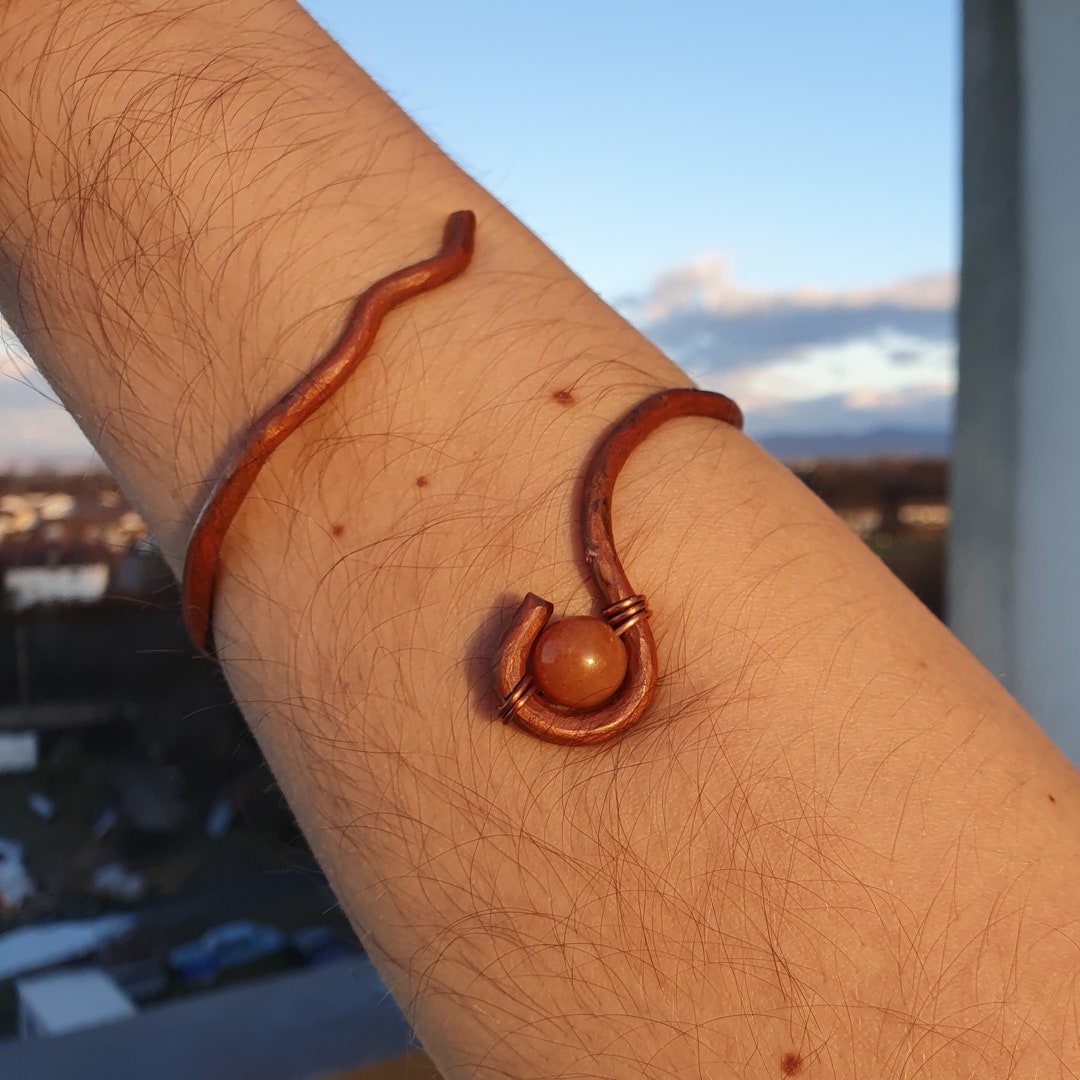 Hammered Copper Arm Band With Aventurine Bead Gemstone, Upper Arm Cuff ...