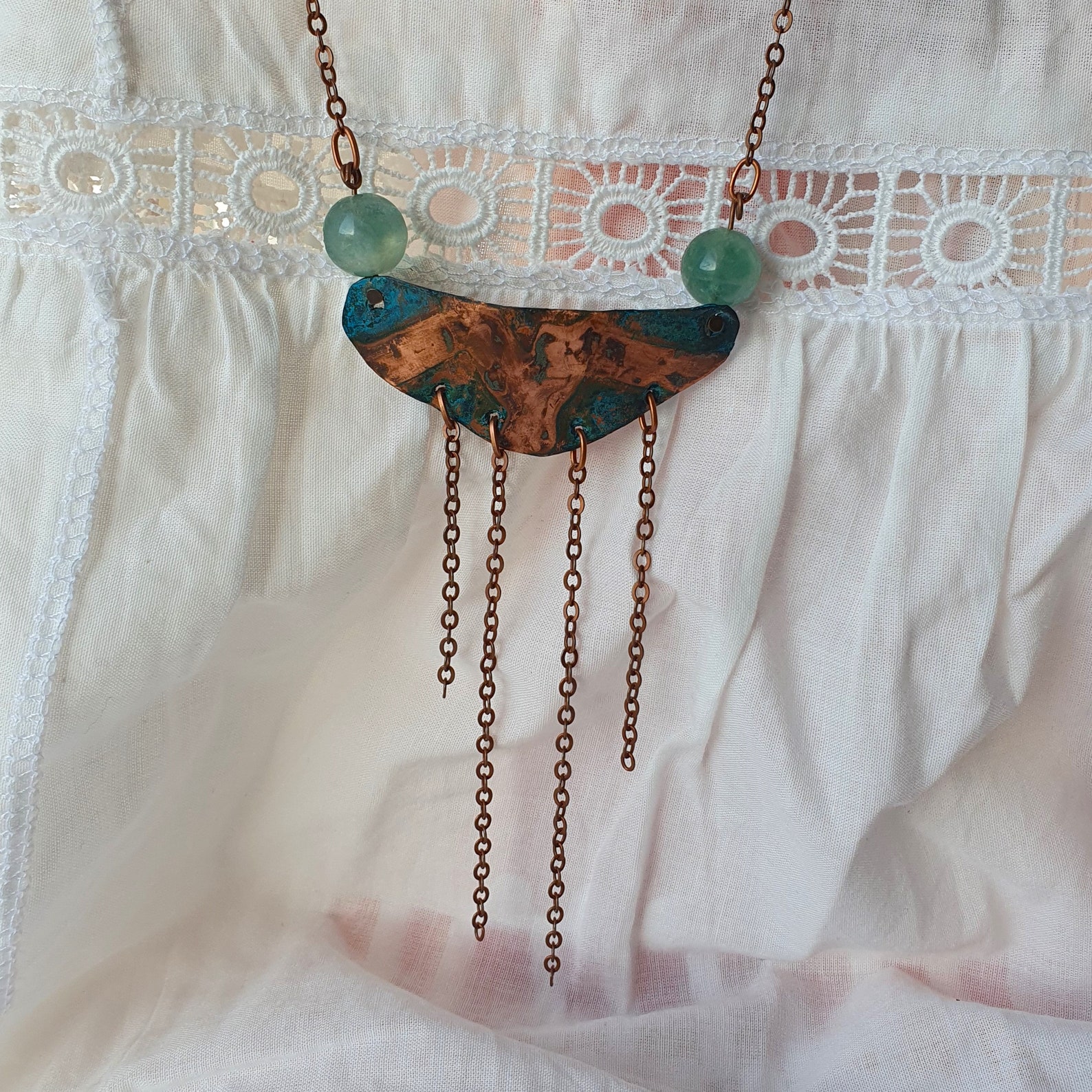 Turquoise Rust Triangle Copper Chain Pendant, Patinated Tribal Ancient Style Copper Rustic ...