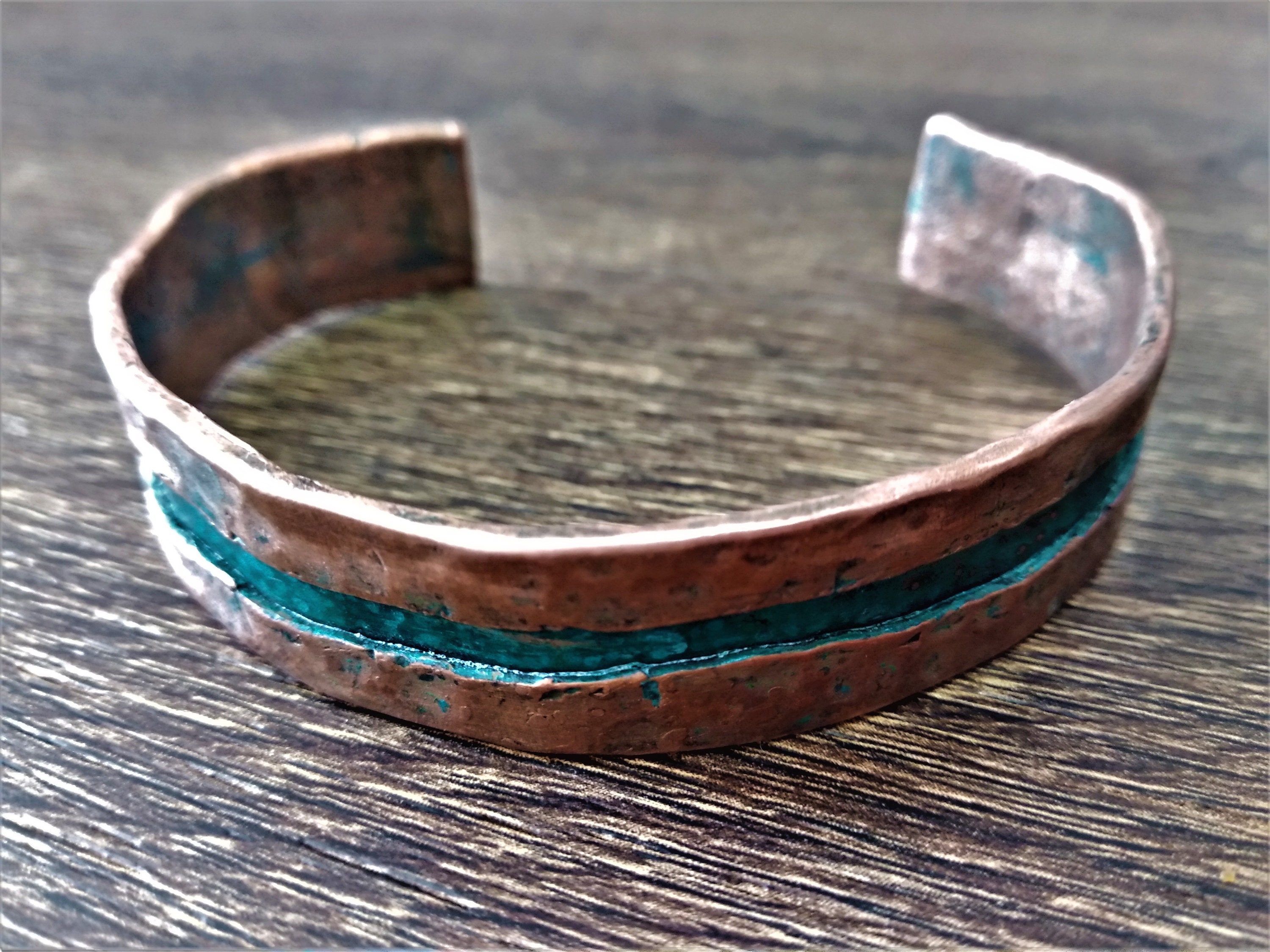 Hammered Copper Cuff With Turquoise Rust Line, Hammered Stylish ...