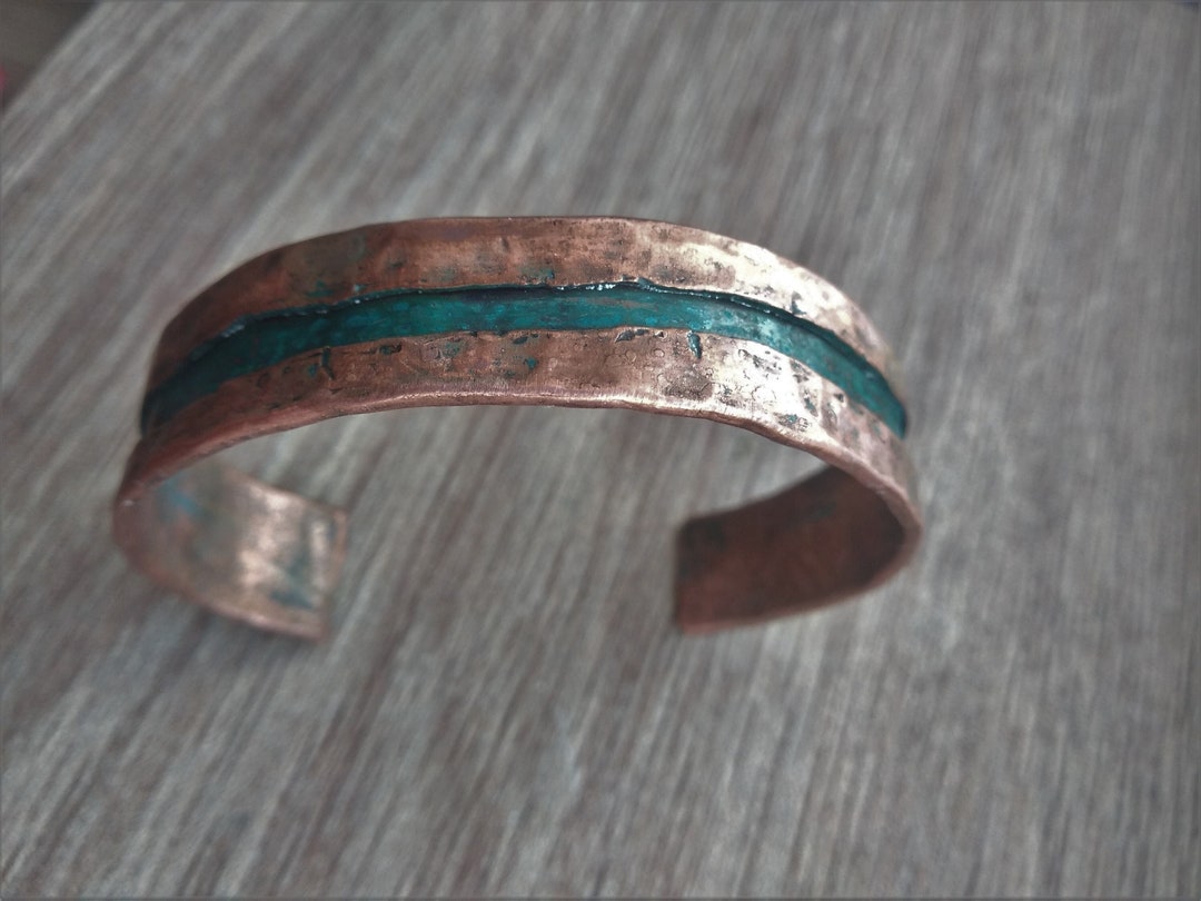 Hammered Copper Cuff With Turquoise Rust Line, Hammered Stylish ...