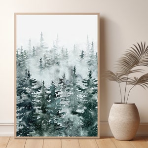 Winter Forest Print, Snowy Winter Trees Print, Green Landscape Print ...