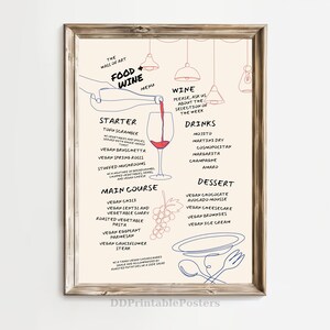 Large Size Hand Drawn Food Drink Print, Wine Food Kitchen Decor, Modern ...