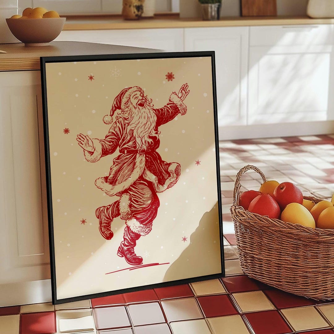 Dancing Santa Claus Print, Vintage Christmas Wall Decor, Holiday Print ...