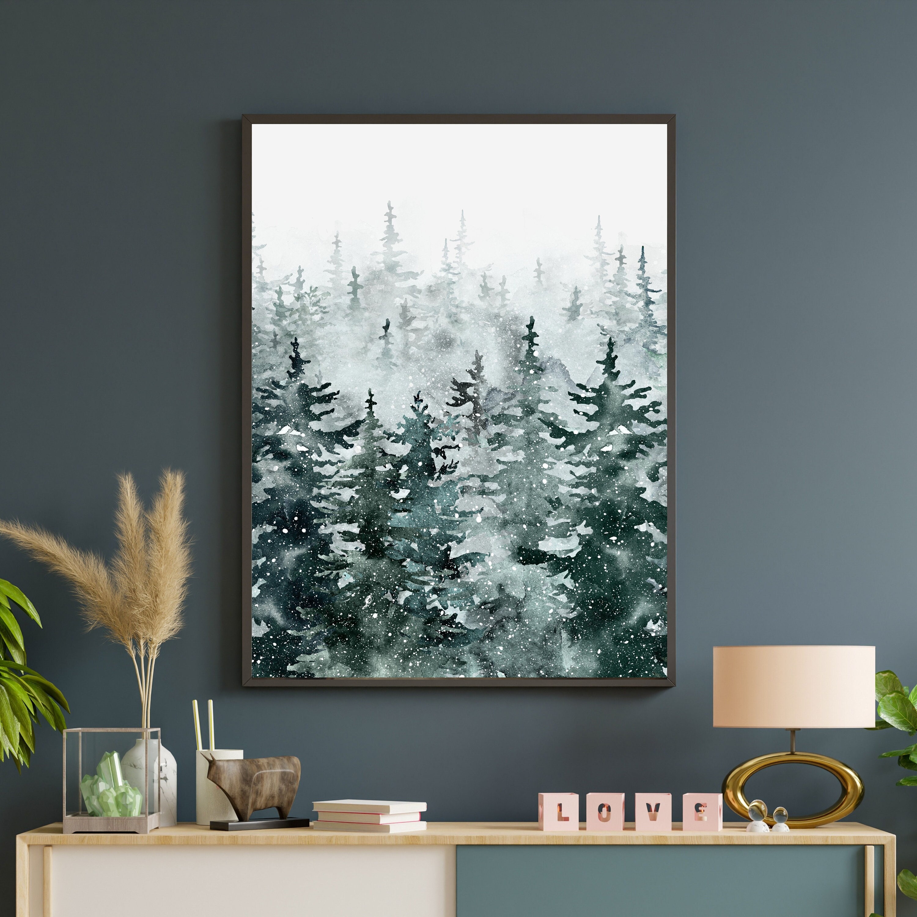 Winter Forest Print, Snowy Winter Trees Print, Green Landscape Print ...