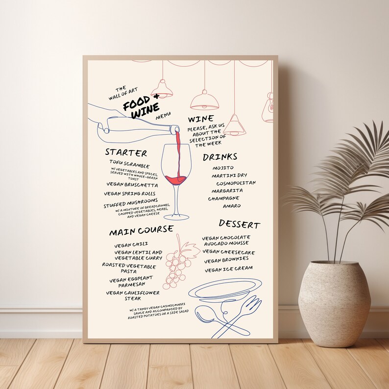 Large Size Hand Drawn Food Drink Print, Wine Food Kitchen Decor, Modern ...