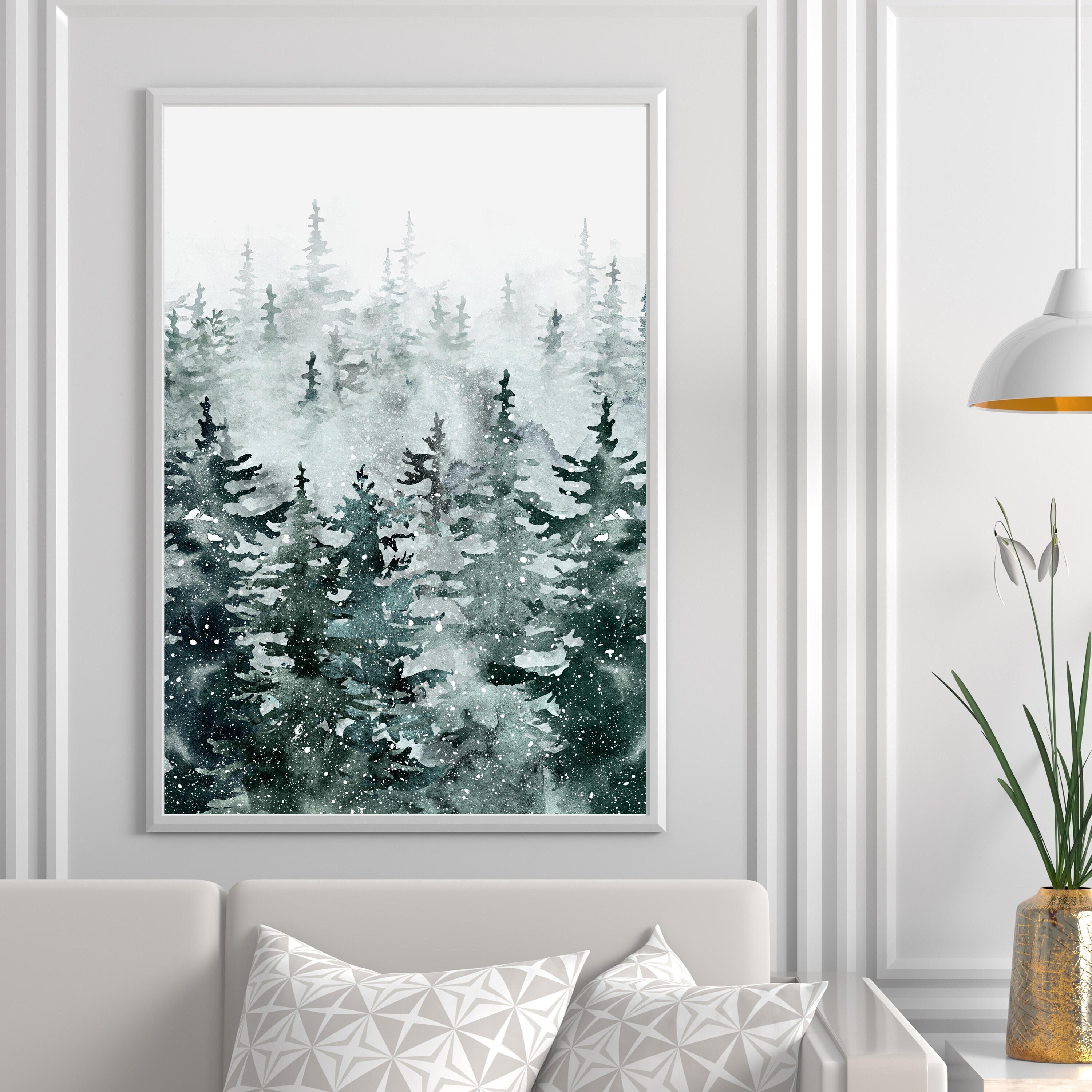 Winter Forest Print, Snowy Winter Trees Print, Green Landscape Print ...
