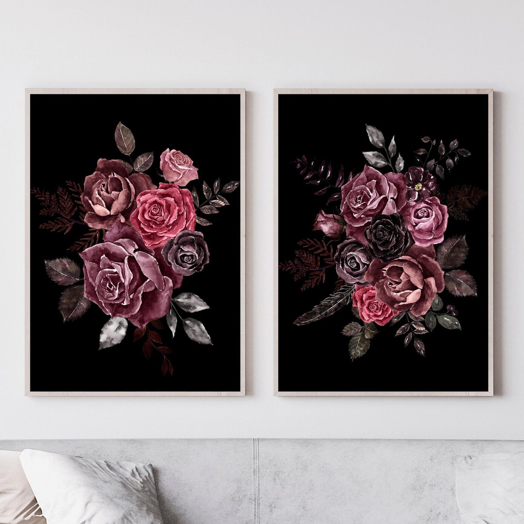 Dark Flower Print Set of 2 Rose Print Set Flower Wall - Etsy