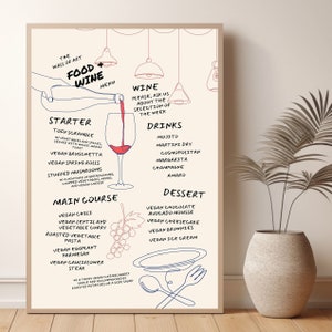 Large Size Hand Drawn Food Drink Print, Wine Food Kitchen Decor, Modern ...