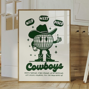 Cowboy Disco Ball Print, Western Art Print, Green Beige Retro Aesthetic ...