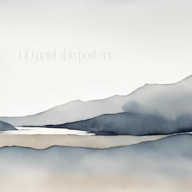 Minimalist Watercolor Landscape Print, Neutral Blue Wall Art Digital ...