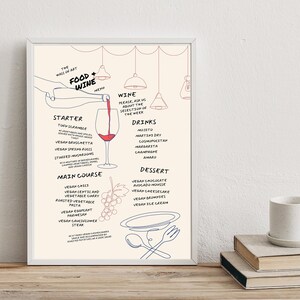 Large Size Hand Drawn Food Drink Print, Wine Food Kitchen Decor, Modern ...