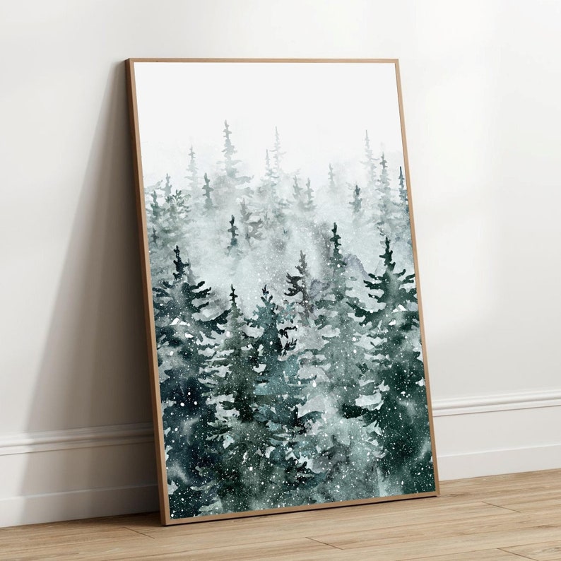 Winter Forest Print, Snowy Winter Trees Print, Green Landscape Print ...